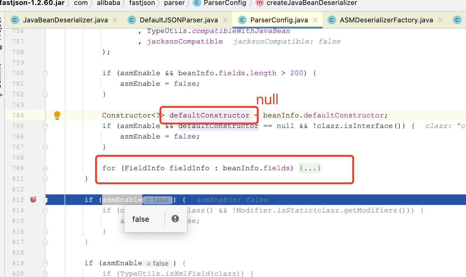 Niubility！即使javabean没有默认无参构造器，fastjson也可以反序列化。 阿里fastjson反序列化源码分析 